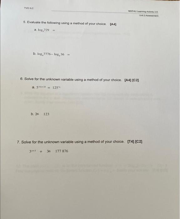 Solved 5. Evaluate the following using a method of your | Chegg.com