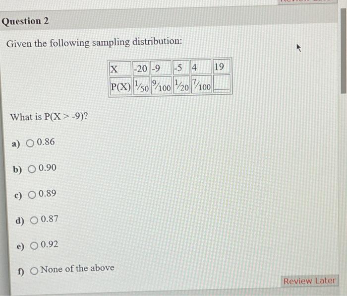 Solved Question 2 Given the following sampling distribution: | Chegg.com