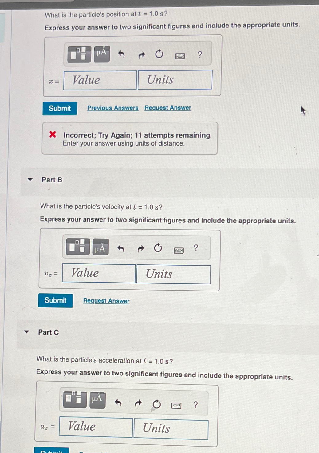 Solved What is the particle's position at t=1.0s ?Express | Chegg.com