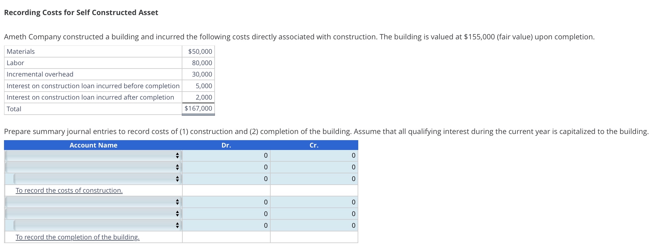 Solved Recording Costs for Self Constructed AssetAmeth | Chegg.com