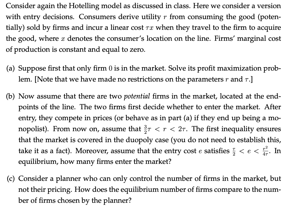 Solved (a)(b) ﻿and (c) ﻿Hotelling Model. | Chegg.com