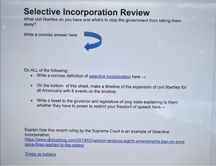 Selective Incorporation Review What civil liberties | Chegg.com
