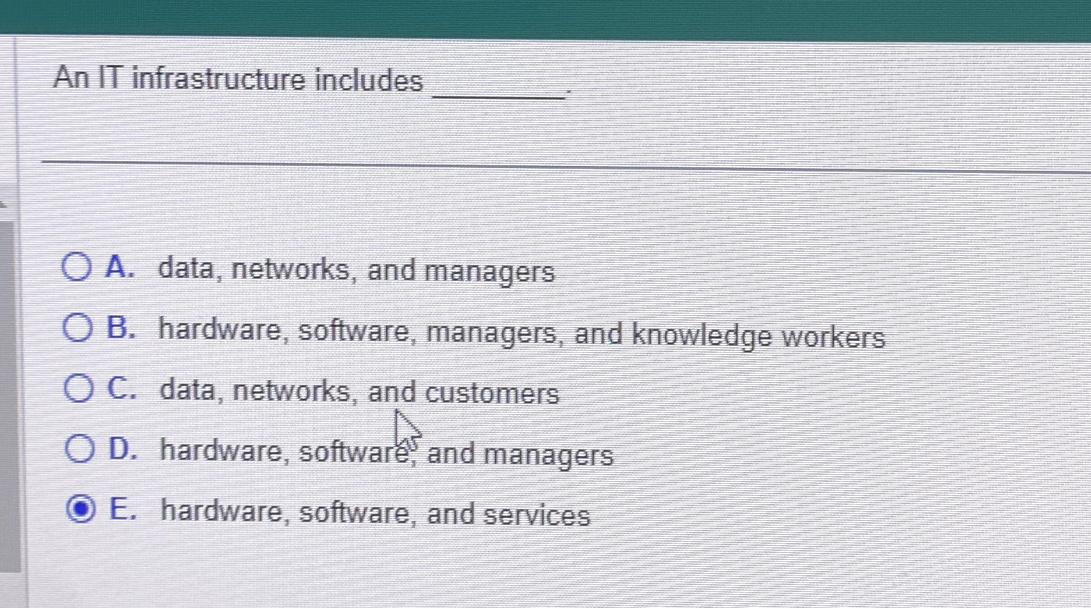 Solved An IT infrastructure includesA. ﻿data, networks, and | Chegg.com