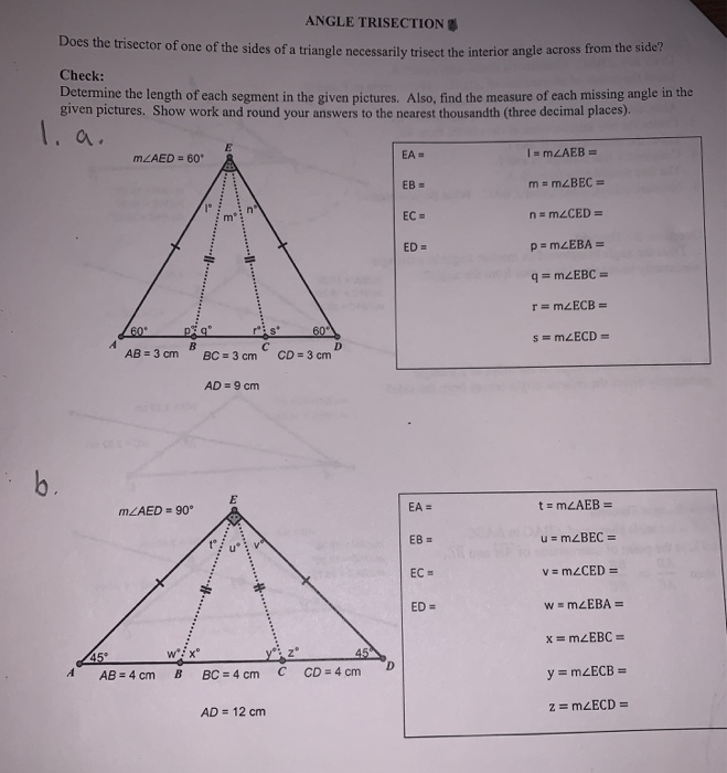 Solved ANGLE TRISECTION Does the trisector of one of the | Chegg.com