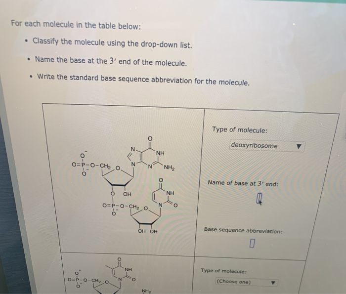 Solved For each molecule in the table below: • Classify the | Chegg.com