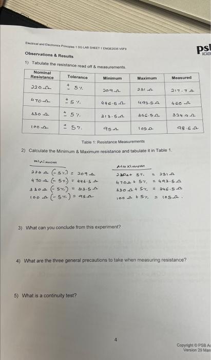 Solved Observations a Resulte 1) Tabulate the resistance | Chegg.com