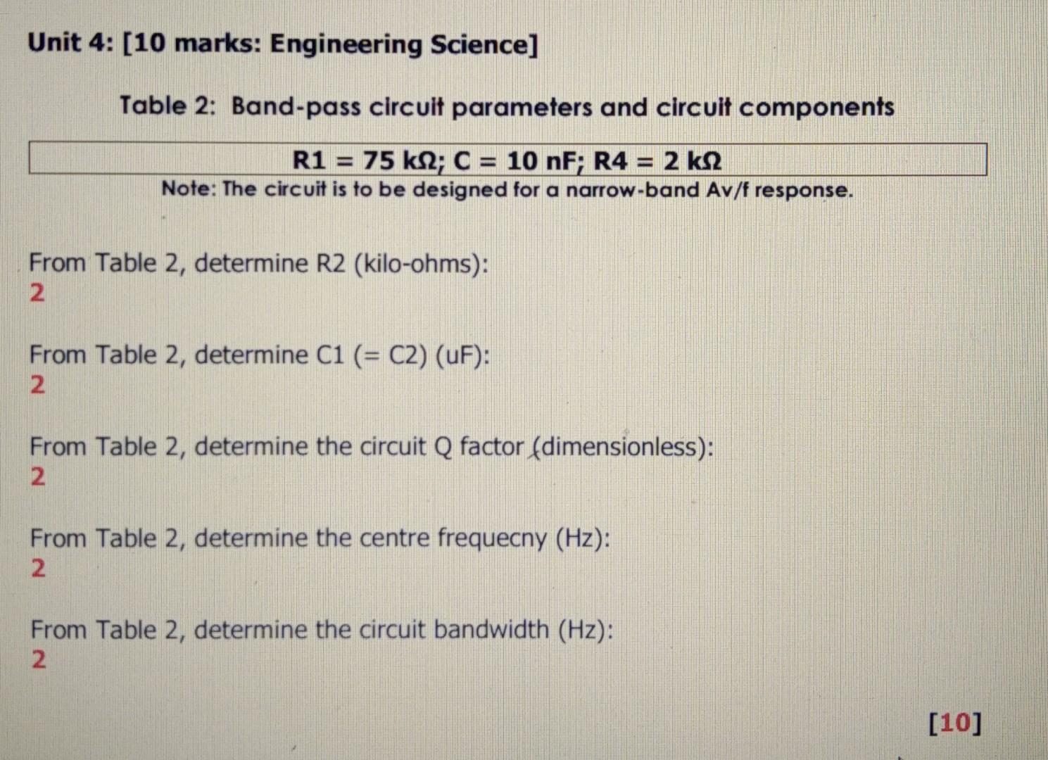 Solved Unit 4: [10 marks: Engineering Science] Table 2: | Chegg.com
