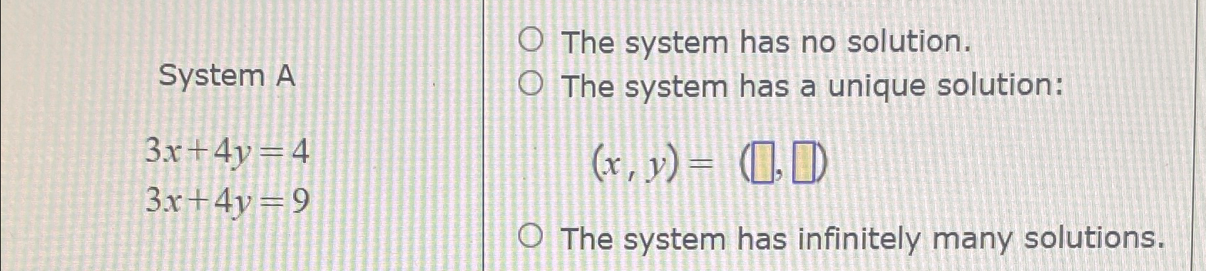 Solved System A3x+4y=43x+4y=9The system has no solution.The | Chegg.com