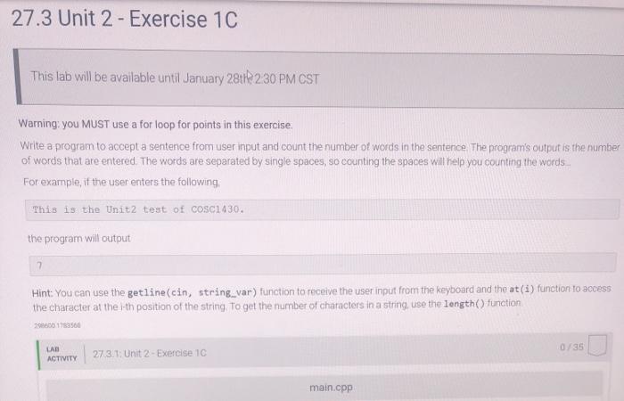 Solved 27.3 Unit 2 - Exercise 1C This lab will be available | Chegg.com