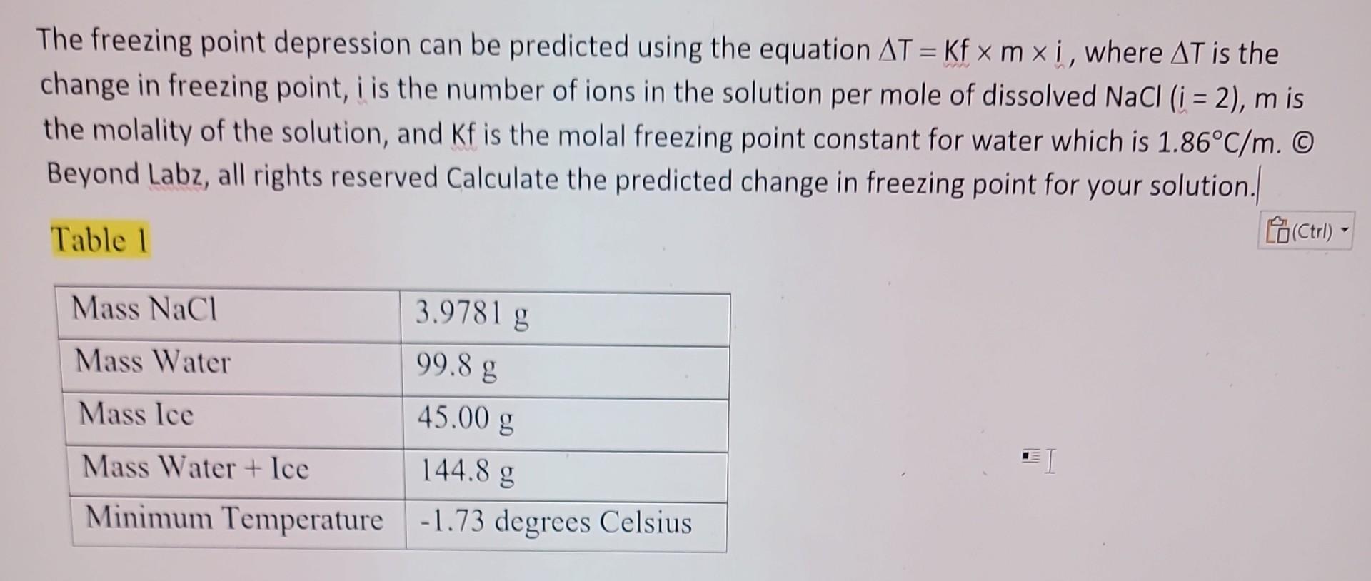 Solved The freezing point depression can be predicted using | Chegg.com