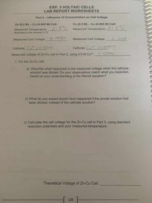 EXP. 3 VOLTAIC CELLS LAB REPORT WORKSHEETS Part 3 - | Chegg.com