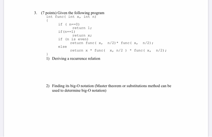 Solved 3. (7 points) Given the following program int func( | Chegg.com
