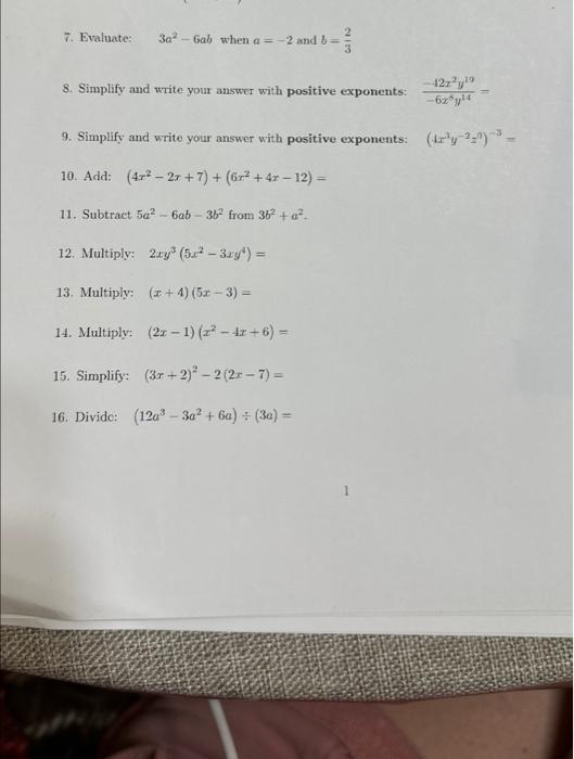 Solved 7. Evaluate: 3a2−6ab when a=−2 and b=32 8. Simplify | Chegg.com