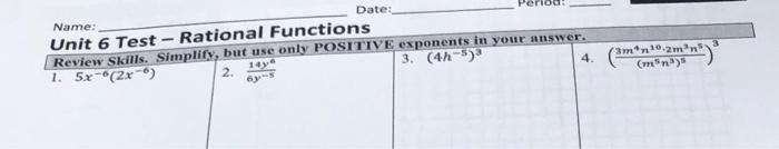 Solved Name: Unit 6 Test - Rational Functions Review skills. | Chegg.com