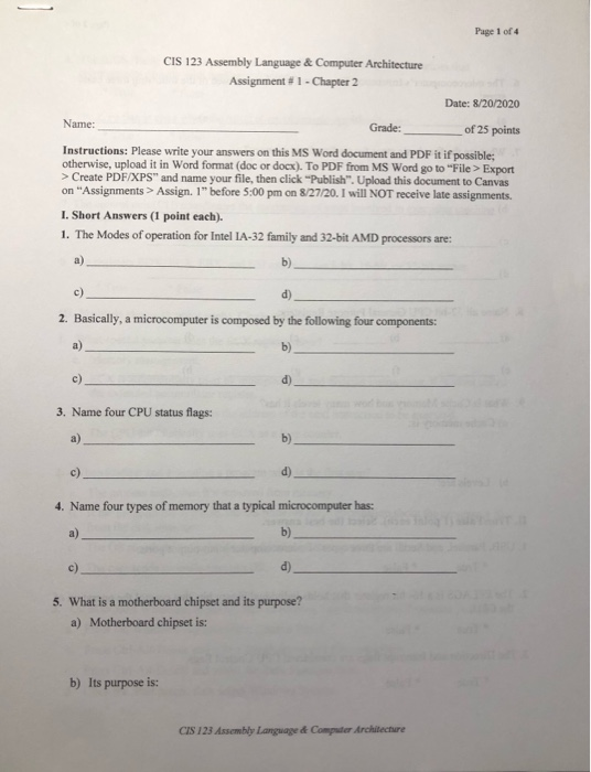 Solved Page 1 of 4 CIS 123 Assembly Language & Computer | Chegg.com