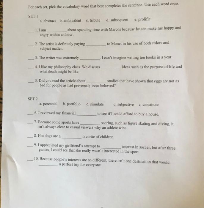 Solved For each set, pick the vocabulary word that best | Chegg.com