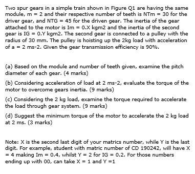 Two spur gears in a simple train shown in Figure Q1 | Chegg.com