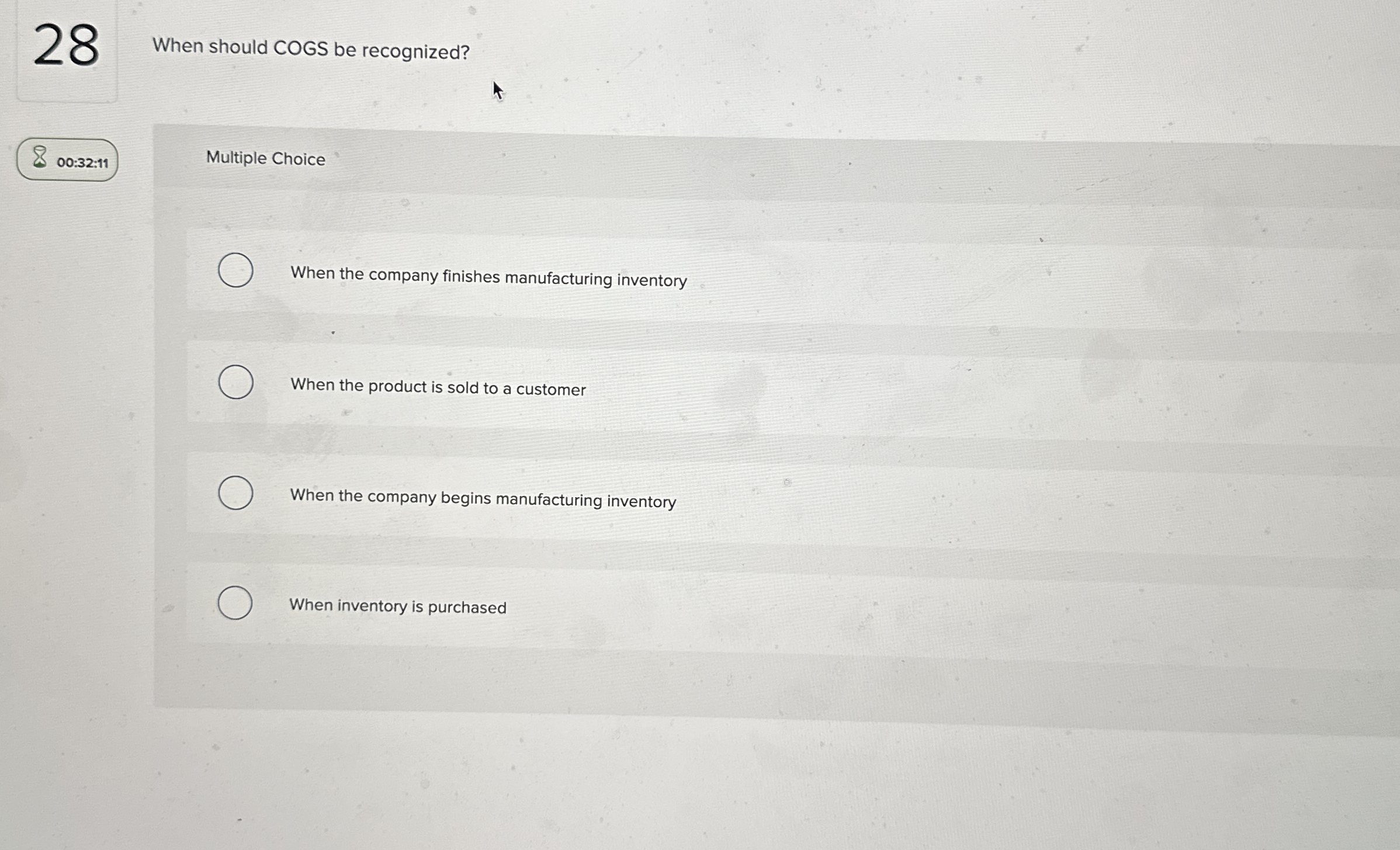 Solved 28When should COGS be recognized?00:32:11Multiple | Chegg.com
