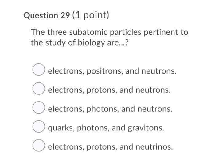 Solved Question 29 (1 point) The three subatomic particles | Chegg.com