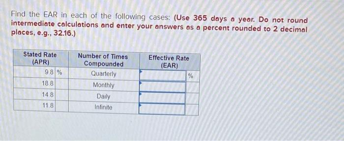 Solved Find the EAR in each of the following cases: (Use 365 | Chegg.com