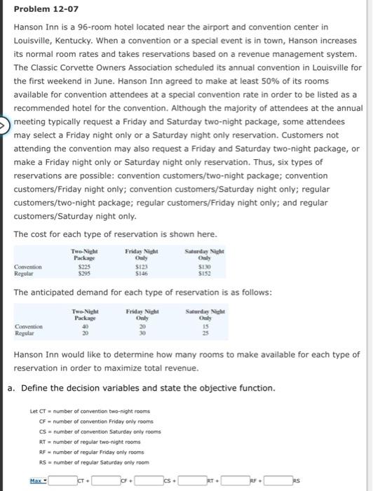 Solved Problem 12-07 Hanson Inn is a 96-room hotel located | Chegg.com