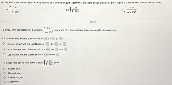 Solved Identify the form of each integral as being inverse | Chegg.com