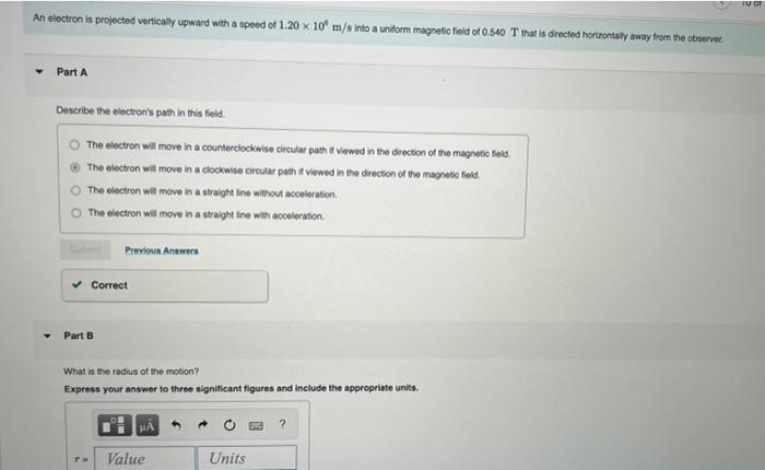 Solved TUOT An electron is projected vertically upward with | Chegg.com