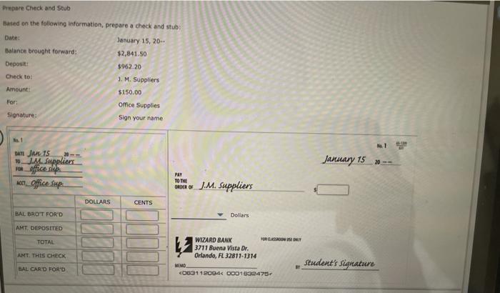 Solved Prepare Check and Stub Based on the following | Chegg.com