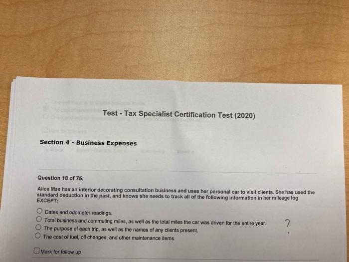 Solved Test - Tax Specialist Certification Test (2020) | Chegg.com