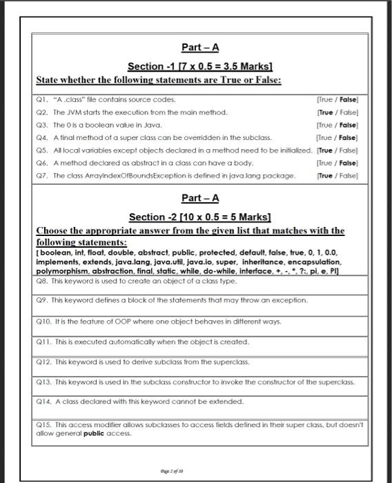 Solved Part - A Section −1[7×0.5=3.5 Marks] State whether | Chegg.com