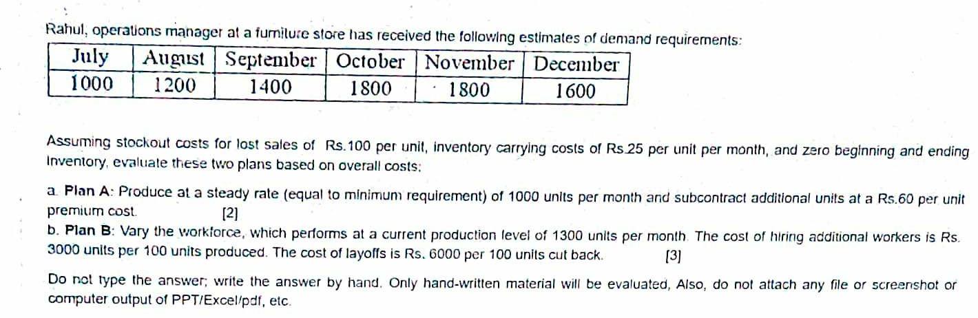 Solved Rahul, operations mạnager at a fumilure store has | Chegg.com