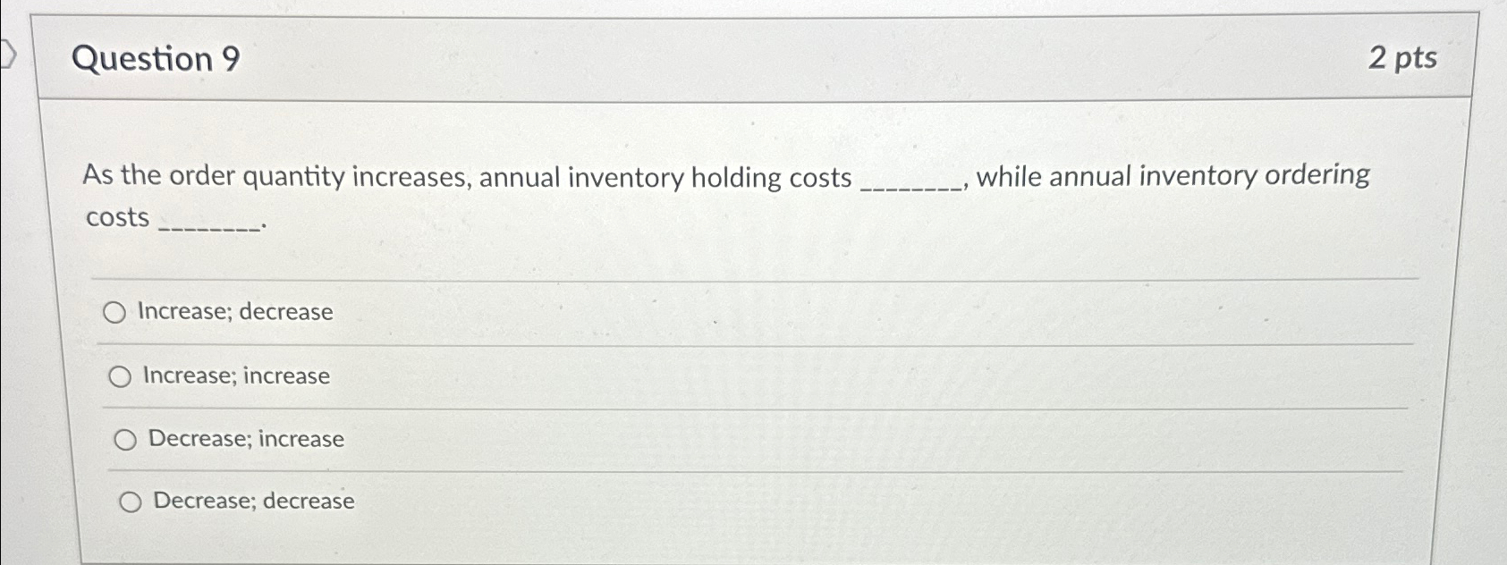 Solved Question 92 ﻿ptsAs the order quantity increases, | Chegg.com