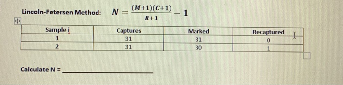 Solved Lincoln-Petersen Method: N - (M+1)(C+1) R+1 1 Sample | Chegg.com