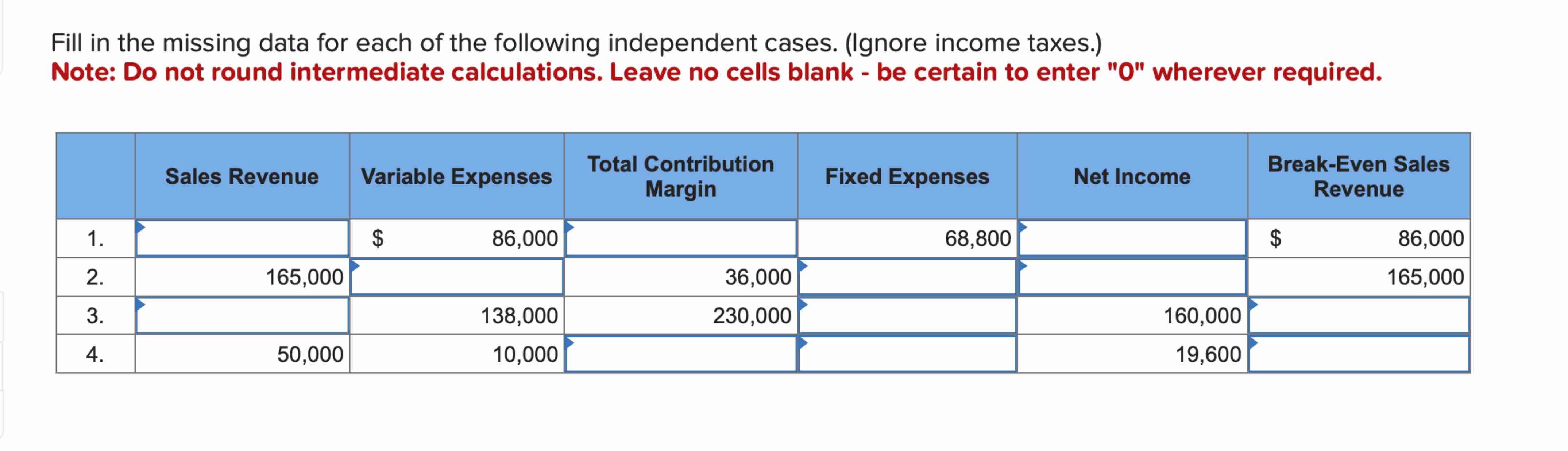 Solved Fill in the missing data for each of the following | Chegg.com