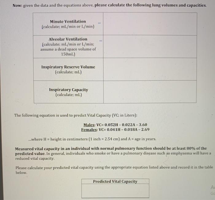 Solved Fill in the chart and for predicted vital capacity my | Chegg.com