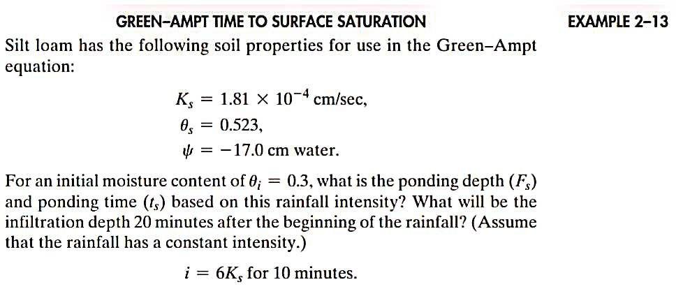 Solved EXAMPLE 2-13 GREEN-AMPT TIME TO SURFACE SATURATION | Chegg.com