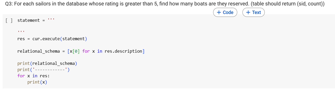 Solved Q3: For each sailors in the database whose rating is | Chegg.com