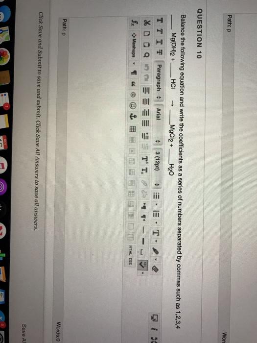 Solved Path: P Word QUESTION 10 HCI Balance the following | Chegg.com