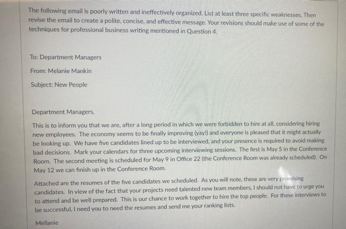 Solved The following email is poorly written and | Chegg.com