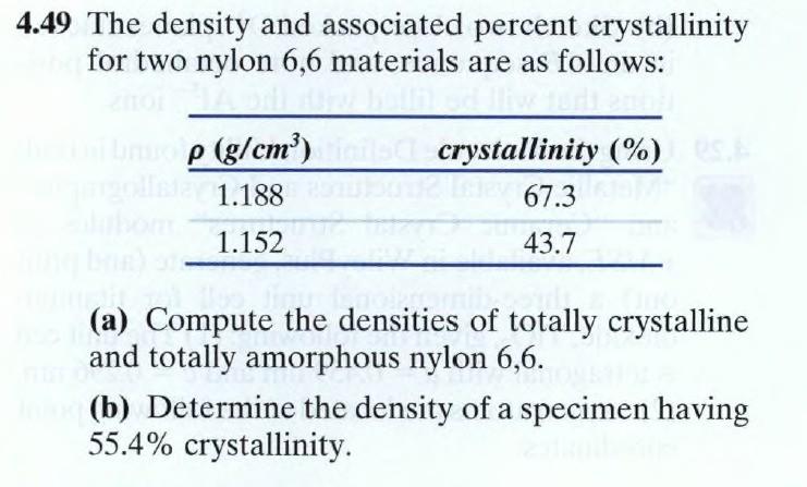Solved 4.49 The density and associated percent crystallinity | Chegg.com