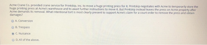 Solved Acme Crane Co. provided crane service for Printskip, | Chegg.com