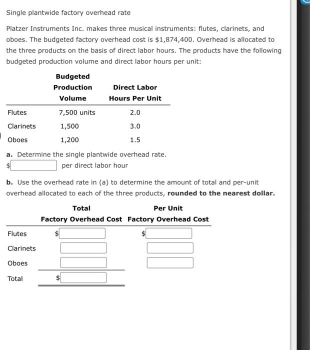 Solved Single plantwide factory overhead rate Platzer | Chegg.com