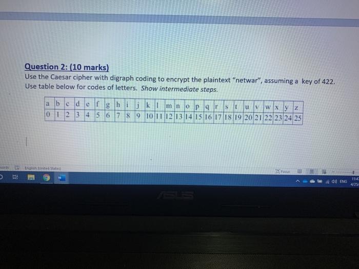 Solved Question 2: (10 marks) Use the Caesar cipher with | Chegg.com