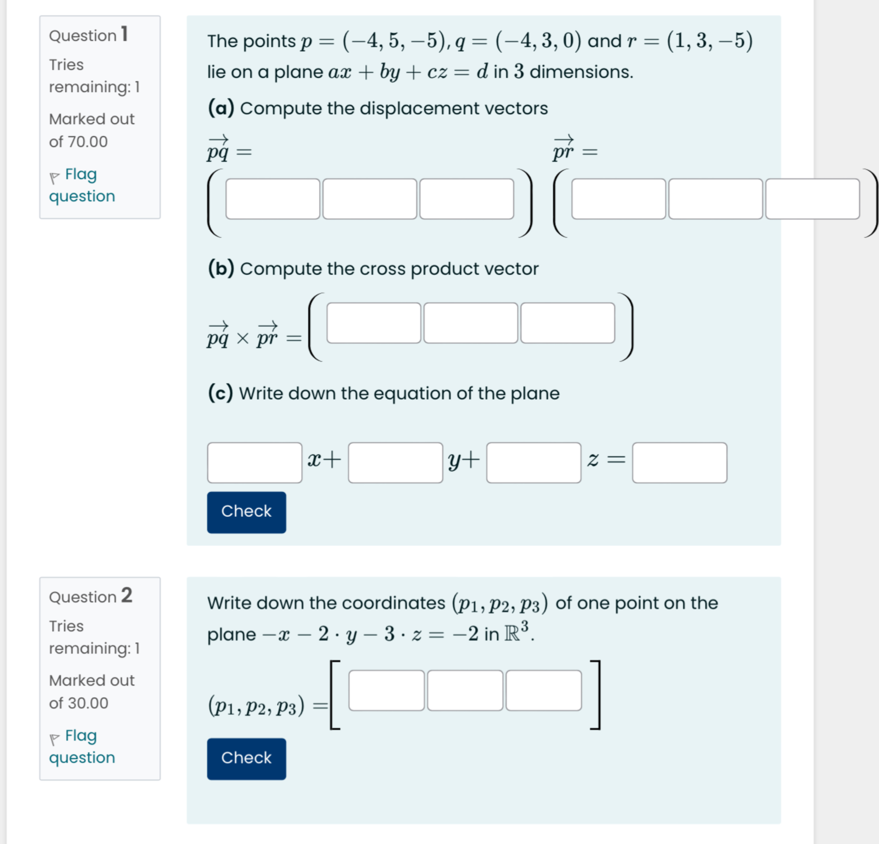 Solved The points p=(-4,5,-5),q=(-4,3,0) ﻿and r=(1,3,-5)lie | Chegg.com