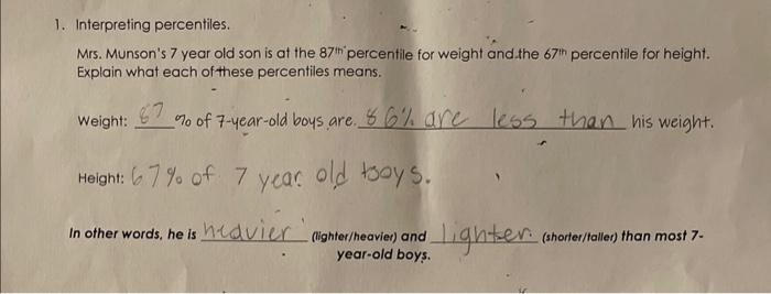Solved 1. Interpreting percentiles. Mrs. Munson's 7 year old | Chegg.com