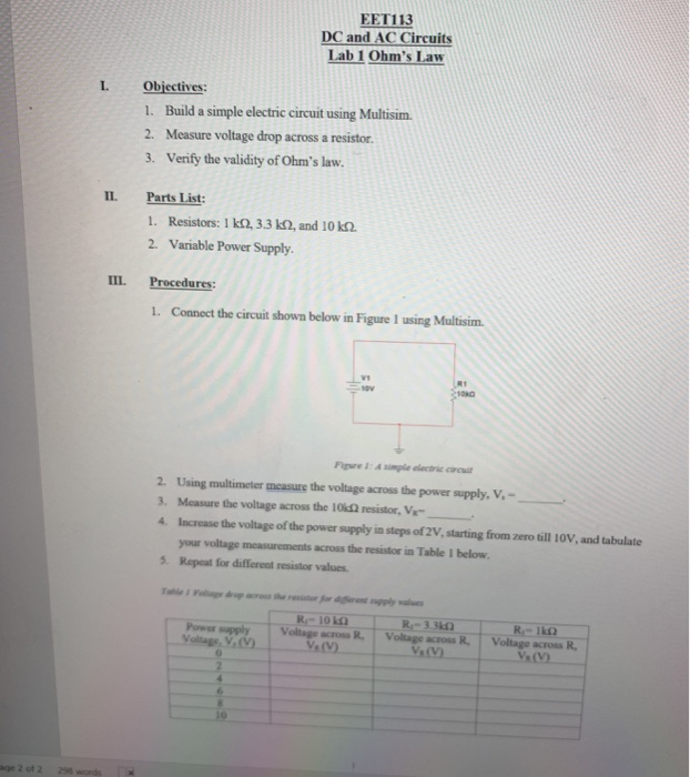 Solved EET113 DC and AC Circuits Lab 1 Ohm's Law Objectives: | Chegg.com