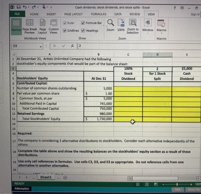 Solved Saved Excel SIM: Cash dividends, stock dividends, and | Chegg.com