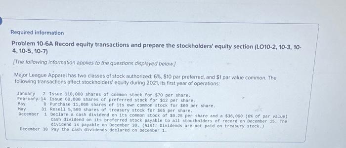 Solved Required information Problem 10-6A Record equity | Chegg.com