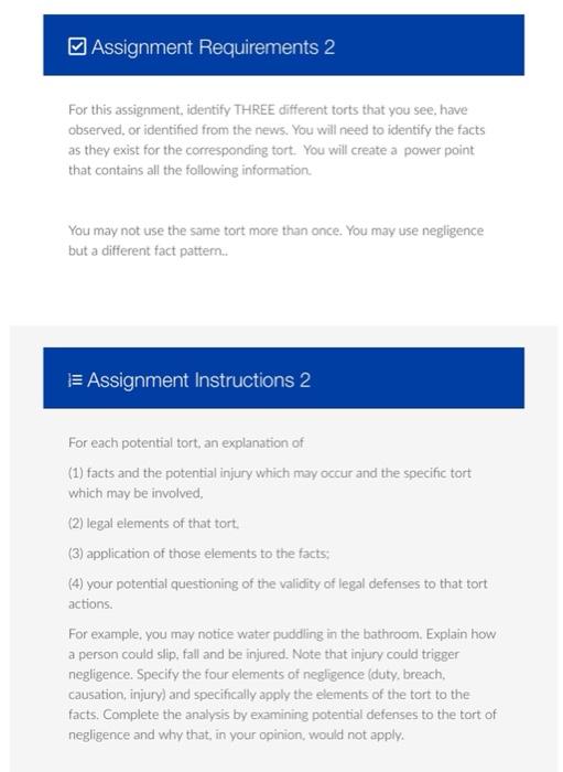 For this assignment, identify THREE different torts | Chegg.com