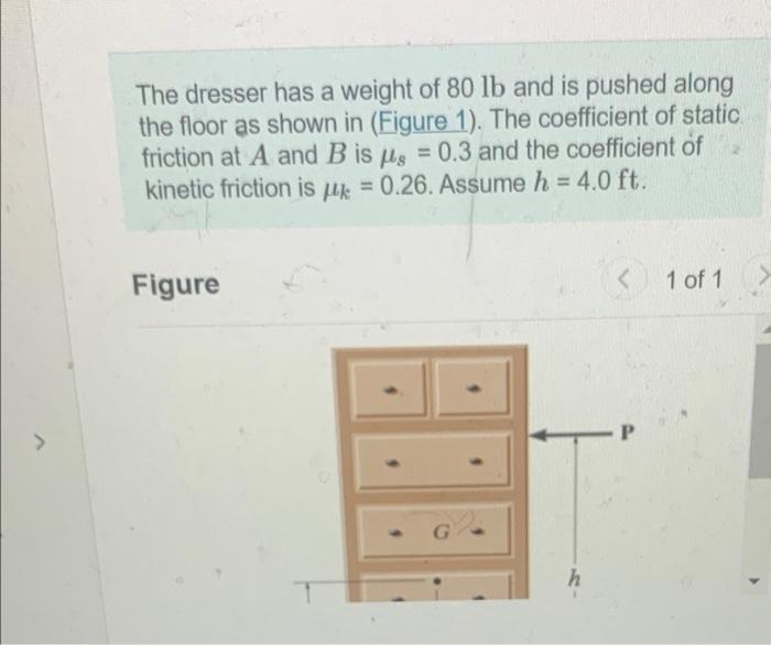 Solved The dresser has a weight of 80lb and is pushed along | Chegg.com